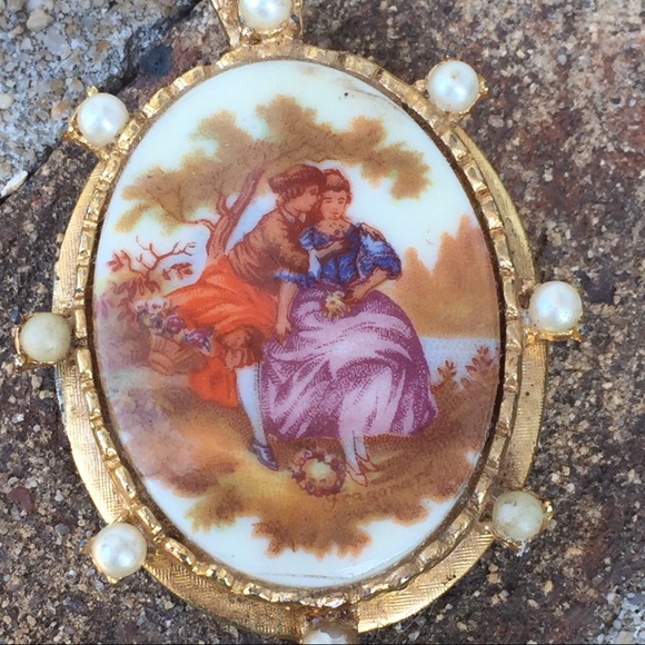 Vintage | Jewelry | Vtg Porcelain Colonial Couple Pearl Pendant Locket ...